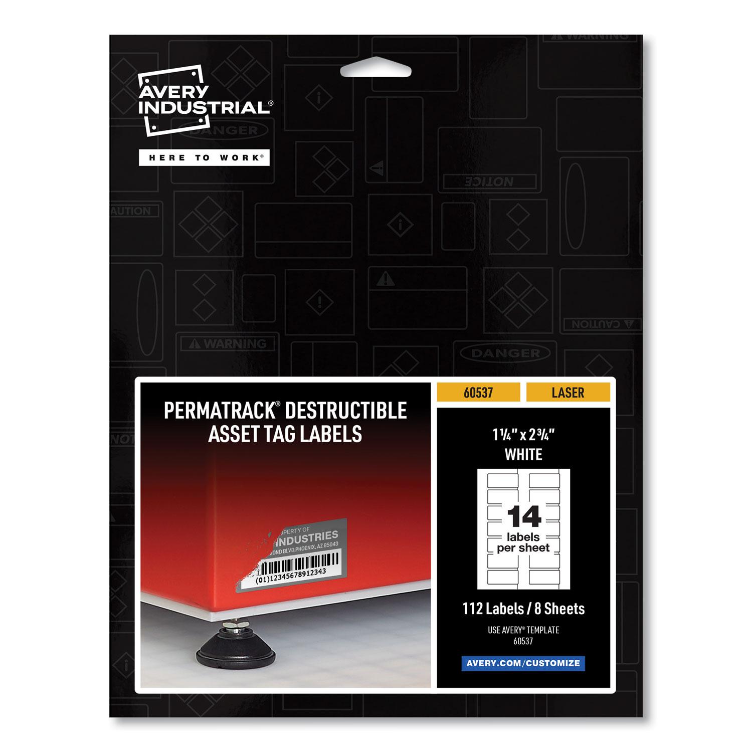 PermaTrack Destructible Asset Tag Labels, Laser Printers, 1.25 x 2.75 ...