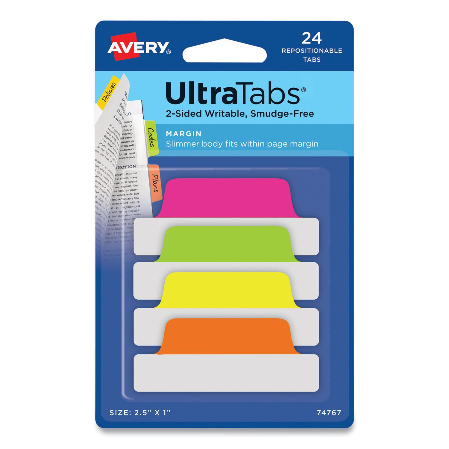 Ultra Tabs Repositionable Margin Tabs, 1/5-Cut Tabs, Assorted Neon, 2.5 ...