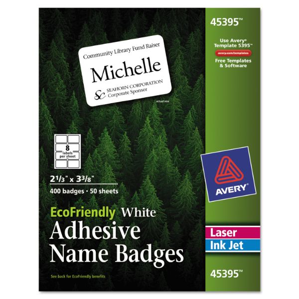 EcoFriendly Adhesive Name Badge Labels, 3.38 x 2.33, White, 400/Box ...