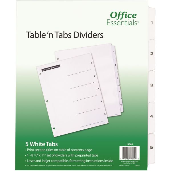 Table `n Tabs Dividers, 5-Tab, 1 to 5, 11 x 8.5, White, 1 Set | Plastic ...