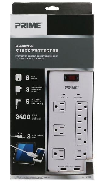 Prime PB523120 Surge Protector with USB Charger, 125 V, 15 A, 8 -Outlet ...