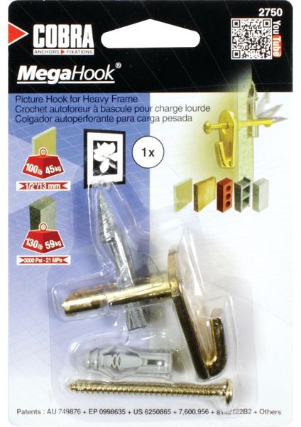 COBRA ANCHORS Mega Hook 2750 Picture Hook, 100 lb, Brass | Plastic ...