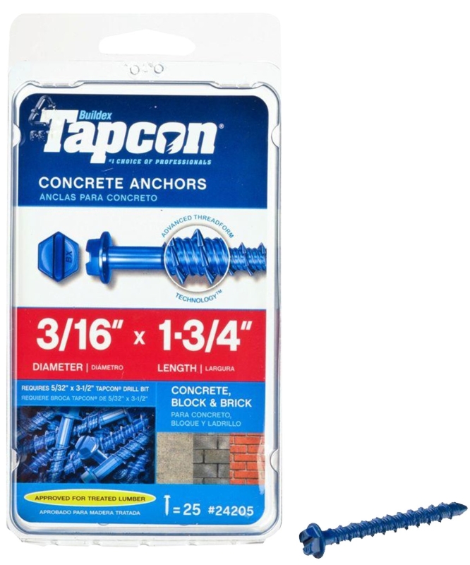 Buildex Tapcon 24205 Concrete Screw Anchor, 3/16 in Dia, 1-3/4 in L ...