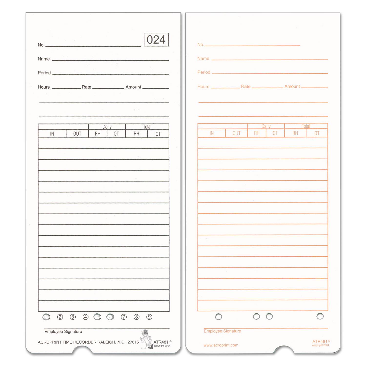 Time Card for ATR480 Totalizing Electronic Time Clock, 7 1/2 x 3.35, 50 ...