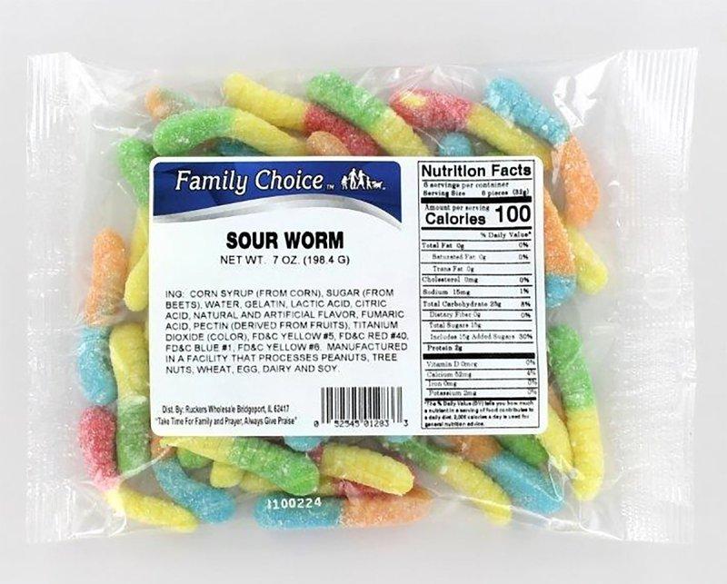Family Choice 1283 Sour Worm Candy, 7.5 oz Package | Plastic Express Inc.