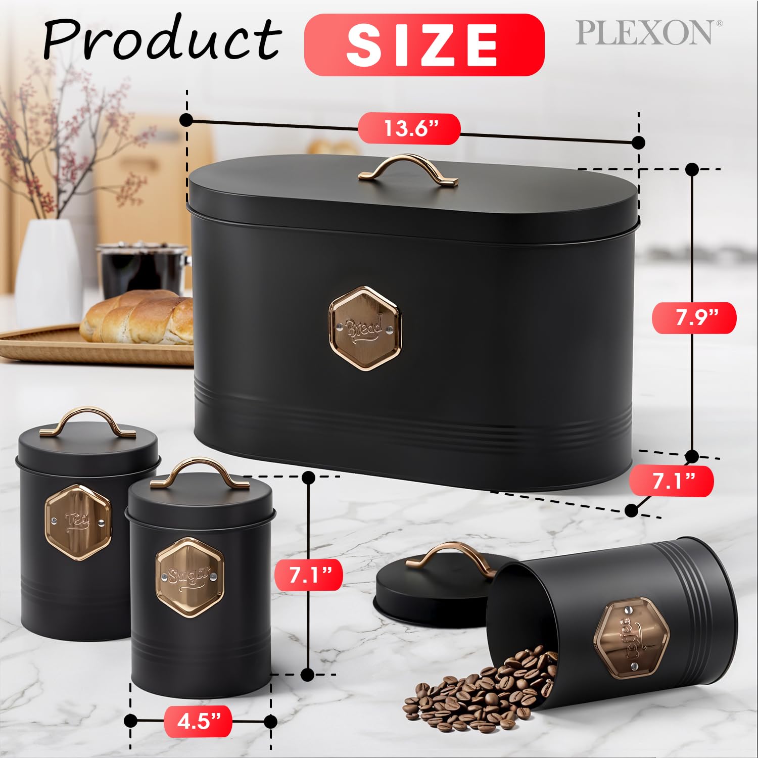 4-piece Black Metal Bread Box Set with Lids and Cooper Labels | Plastic ...