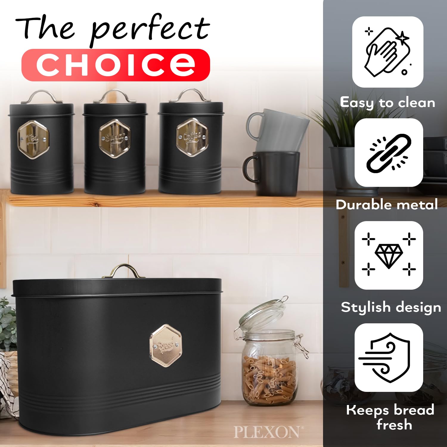 4-piece Black Metal Bread Box Set with Lids and Cooper Labels | Plastic ...