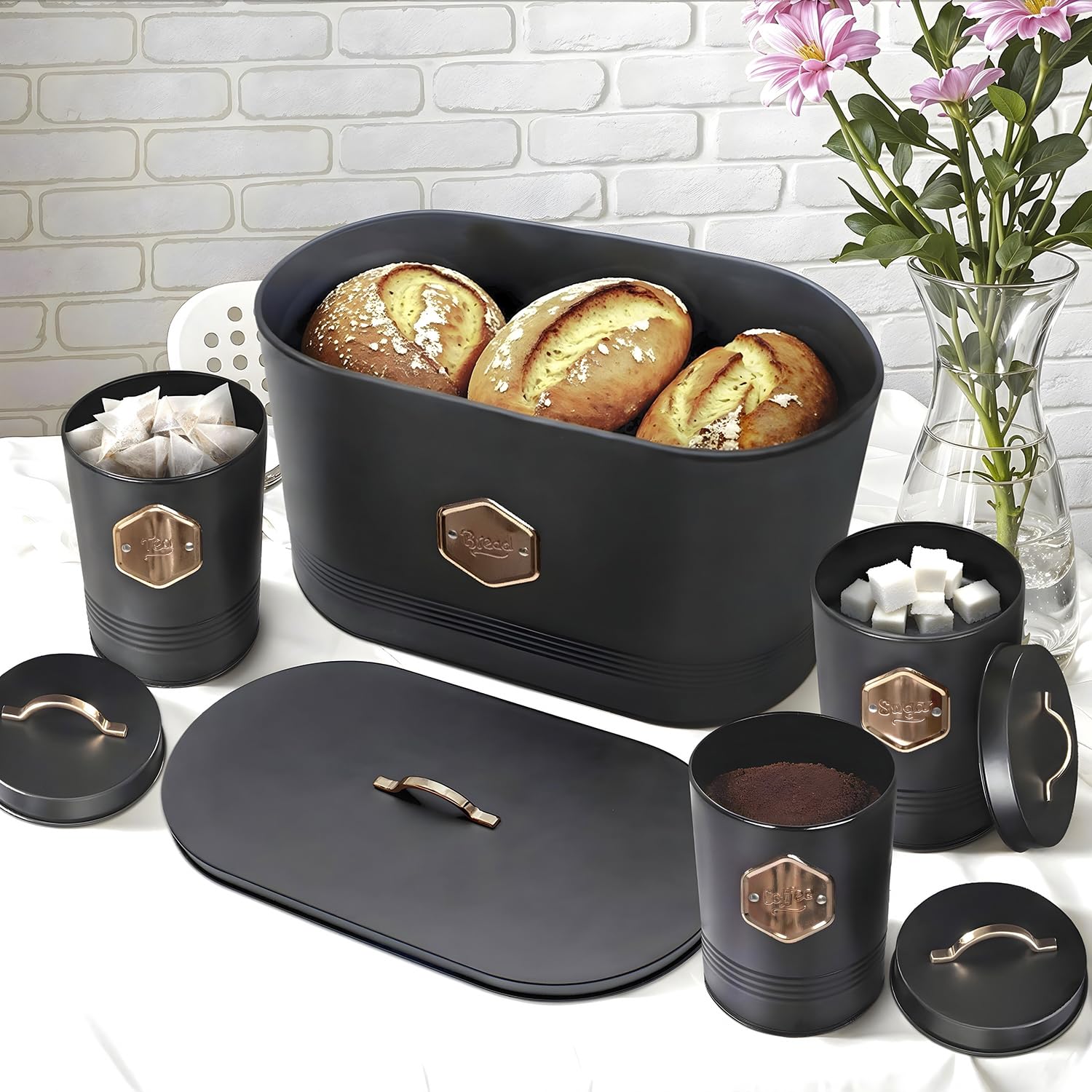 4-piece Black Metal Bread Box Set with Lids and Cooper Labels | Plastic ...