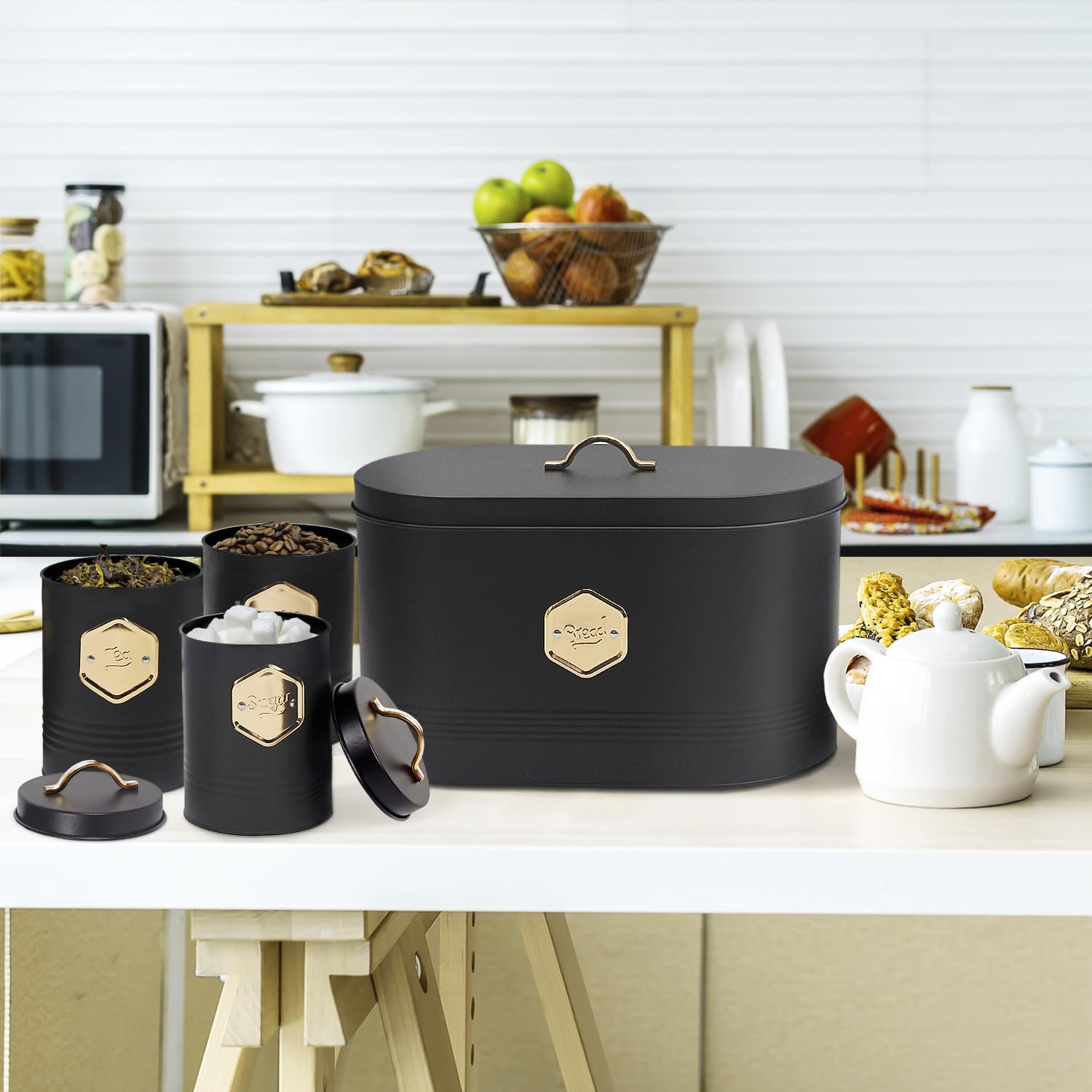 4-piece Black Metal Bread Box Set with Lids and Cooper Labels | Plastic ...