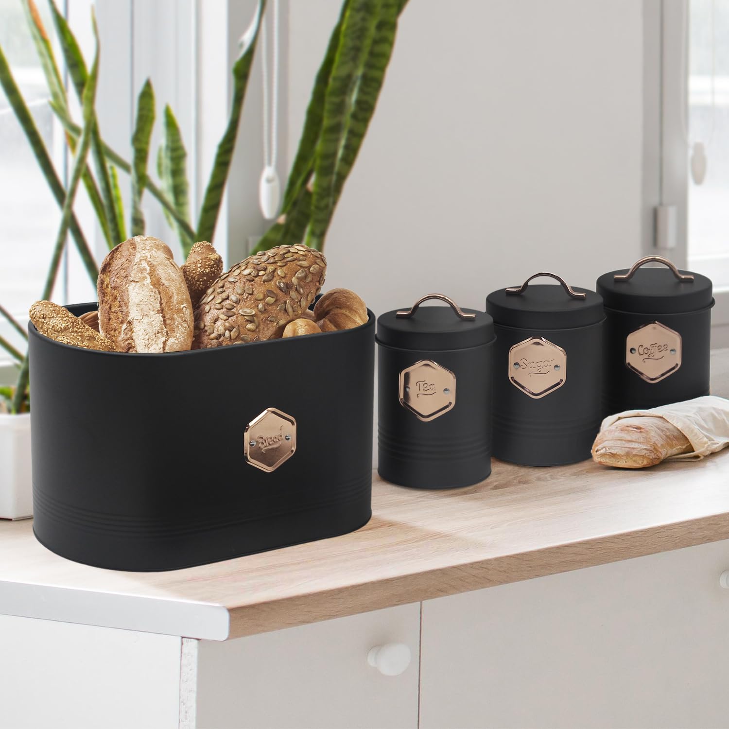 4-piece Black Metal Bread Box Set with Lids and Cooper Labels | Plastic ...