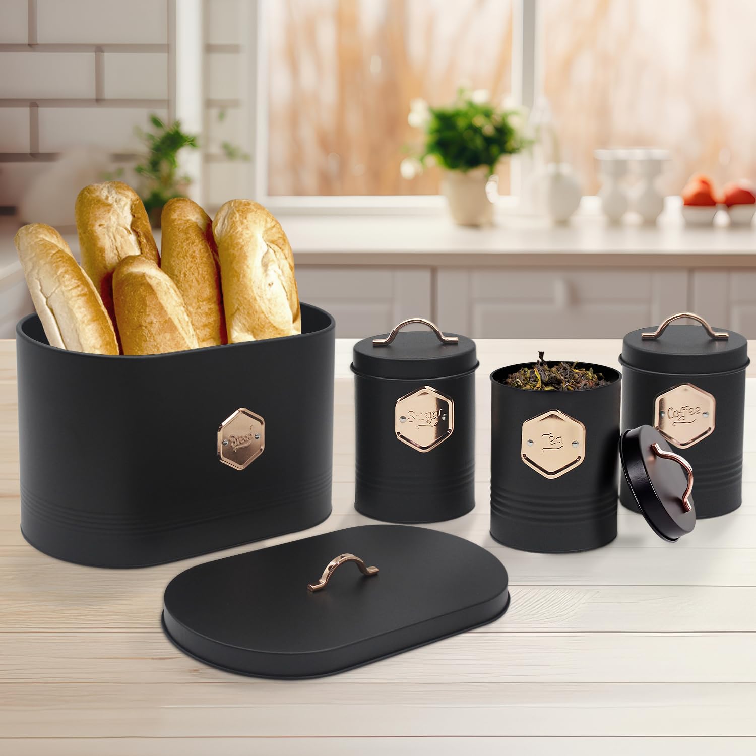 4-piece Black Metal Bread Box Set with Lids and Cooper Labels | Plastic ...