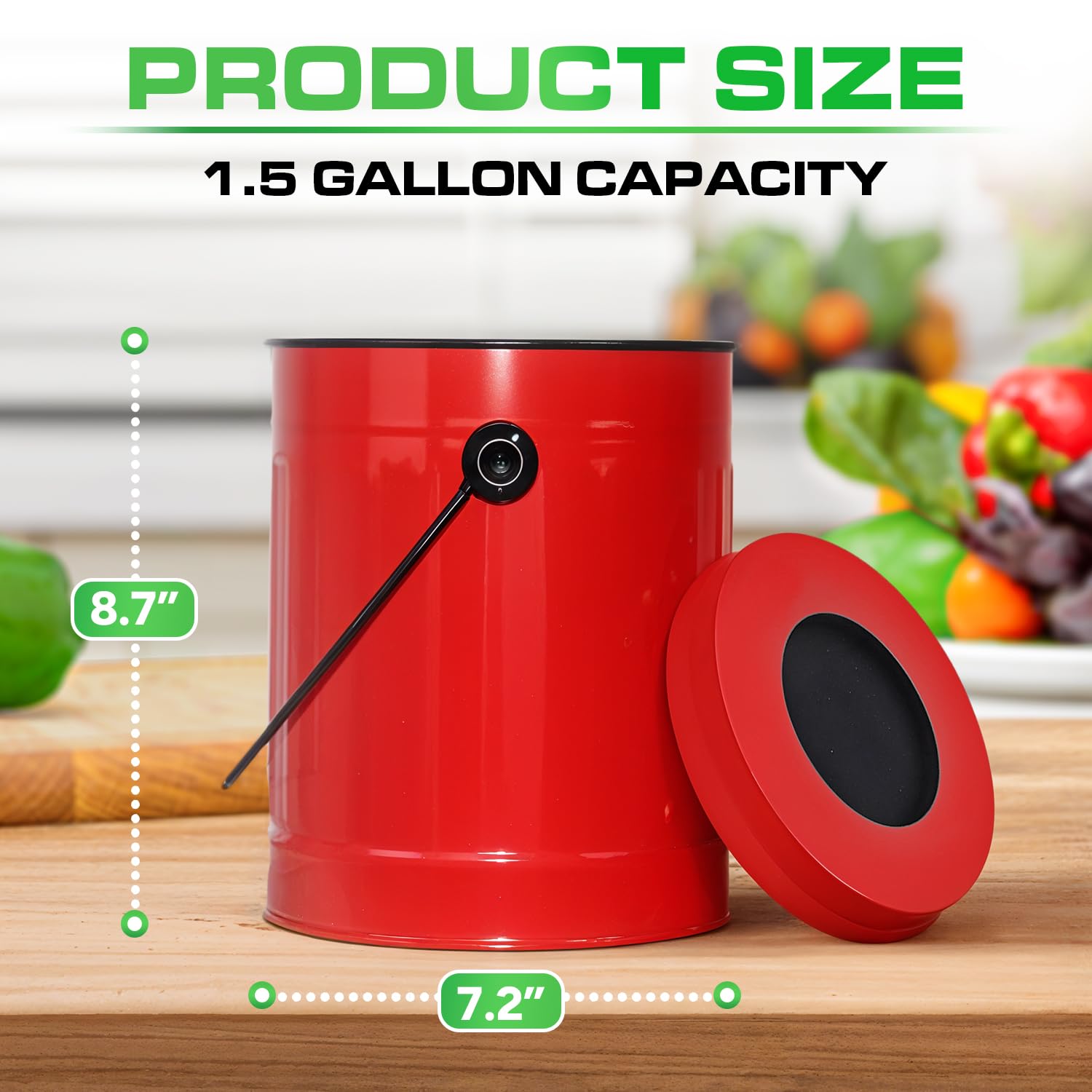 1.5 Gallon Red Metal Compost Bin with Airflow Lid and One Charcoal ...