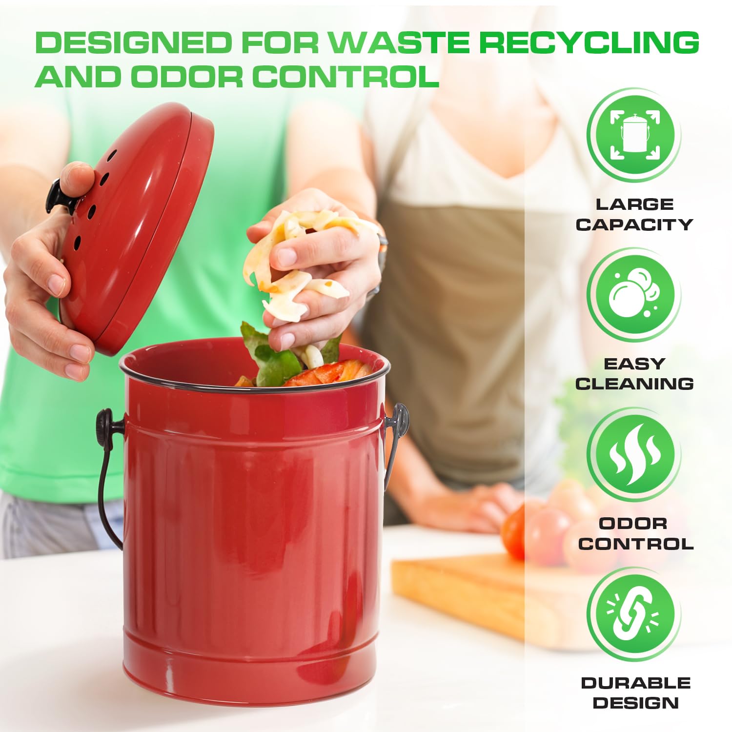 1.5 Gallon Red Metal Compost Bin with Airflow Lid and One Charcoal ...