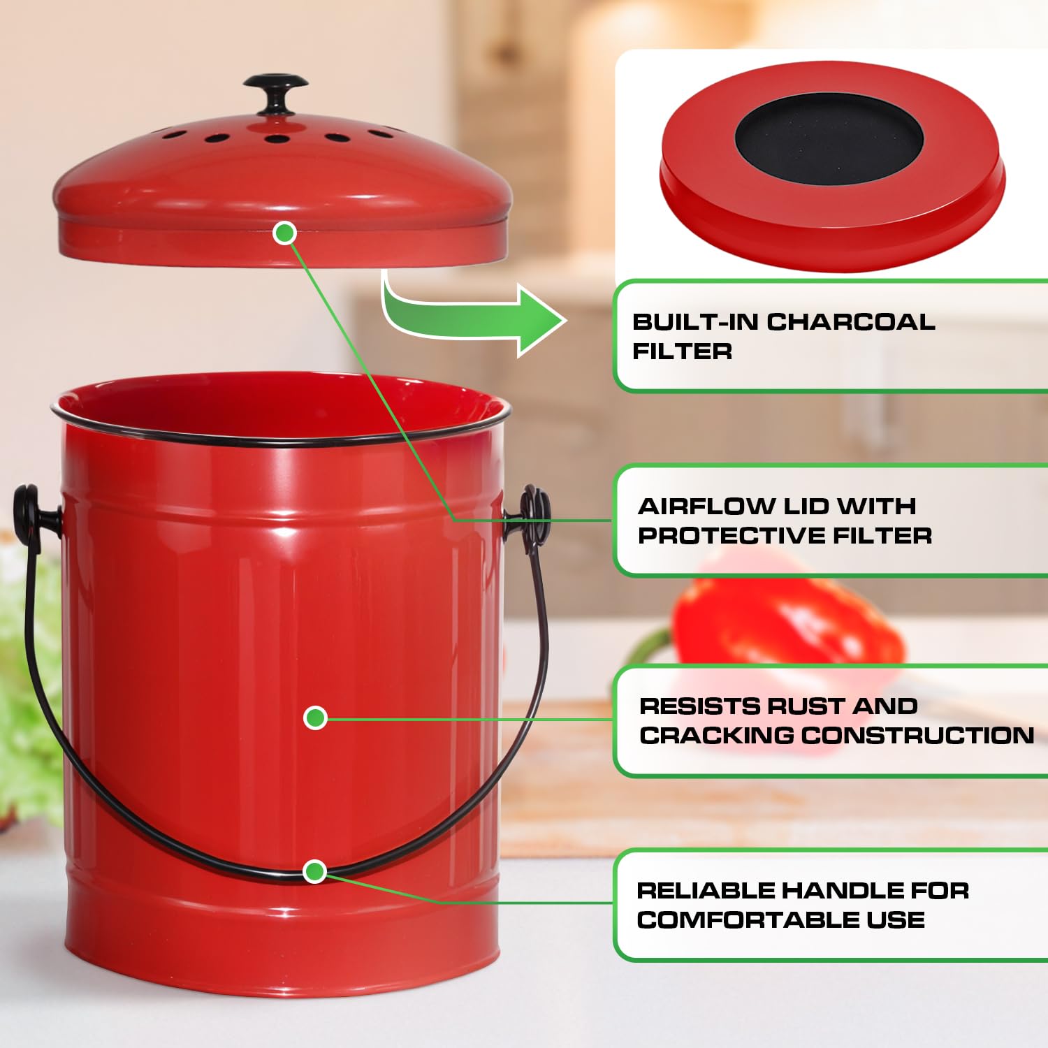 1.5 Gallon Red Metal Compost Bin with Airflow Lid and One Charcoal ...