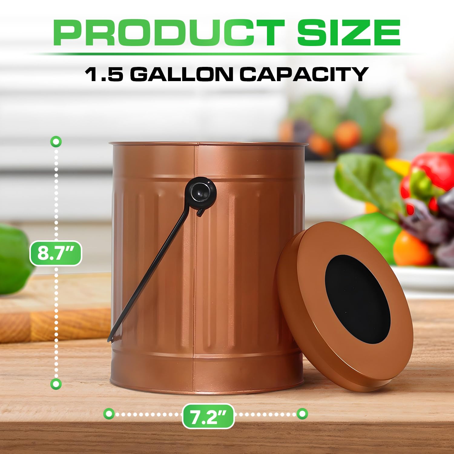 1.5 Gallon Copper Metal Compost Bin with Airflow Lid and One Charcoal ...