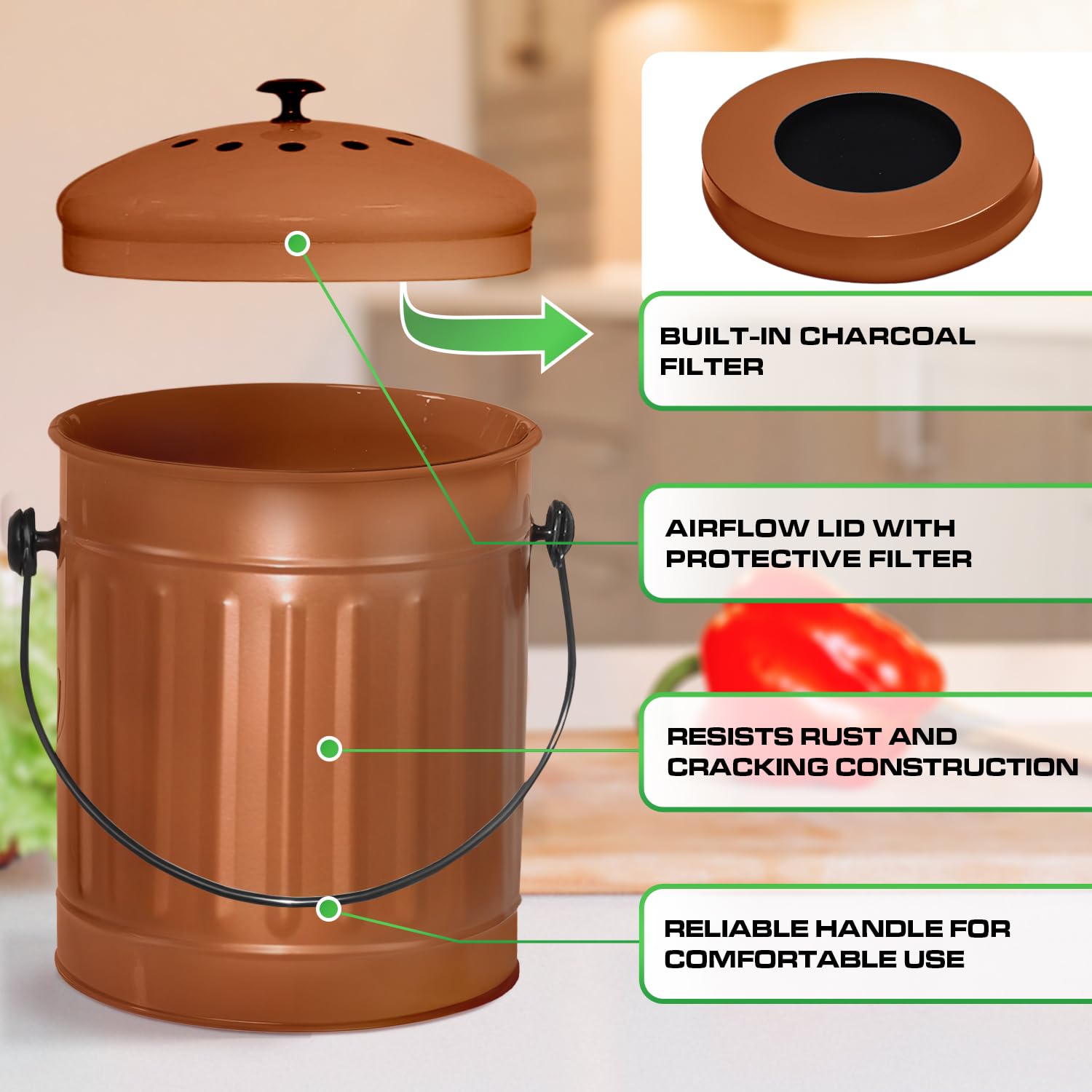 1.5 Gallon Copper Metal Compost Bin with Airflow Lid and One Charcoal ...